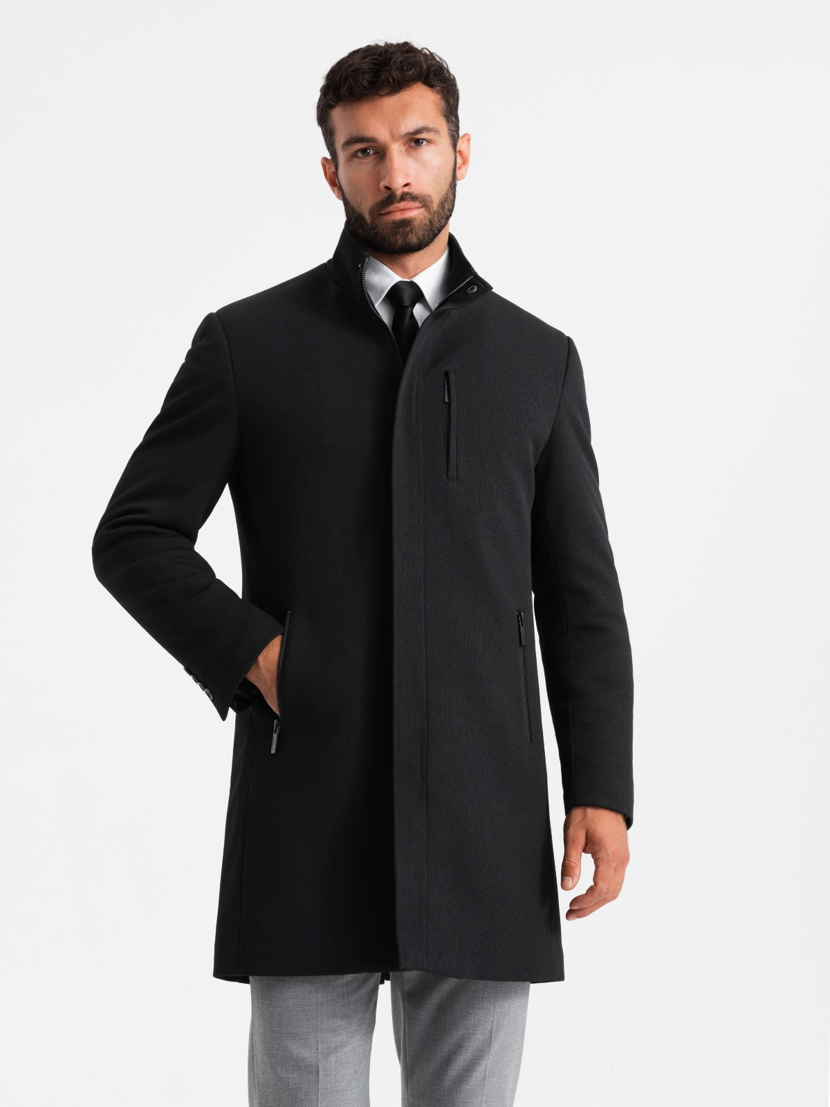 Fitted structured men's high collar coat - black V1 OM-COWC-0117 ...
