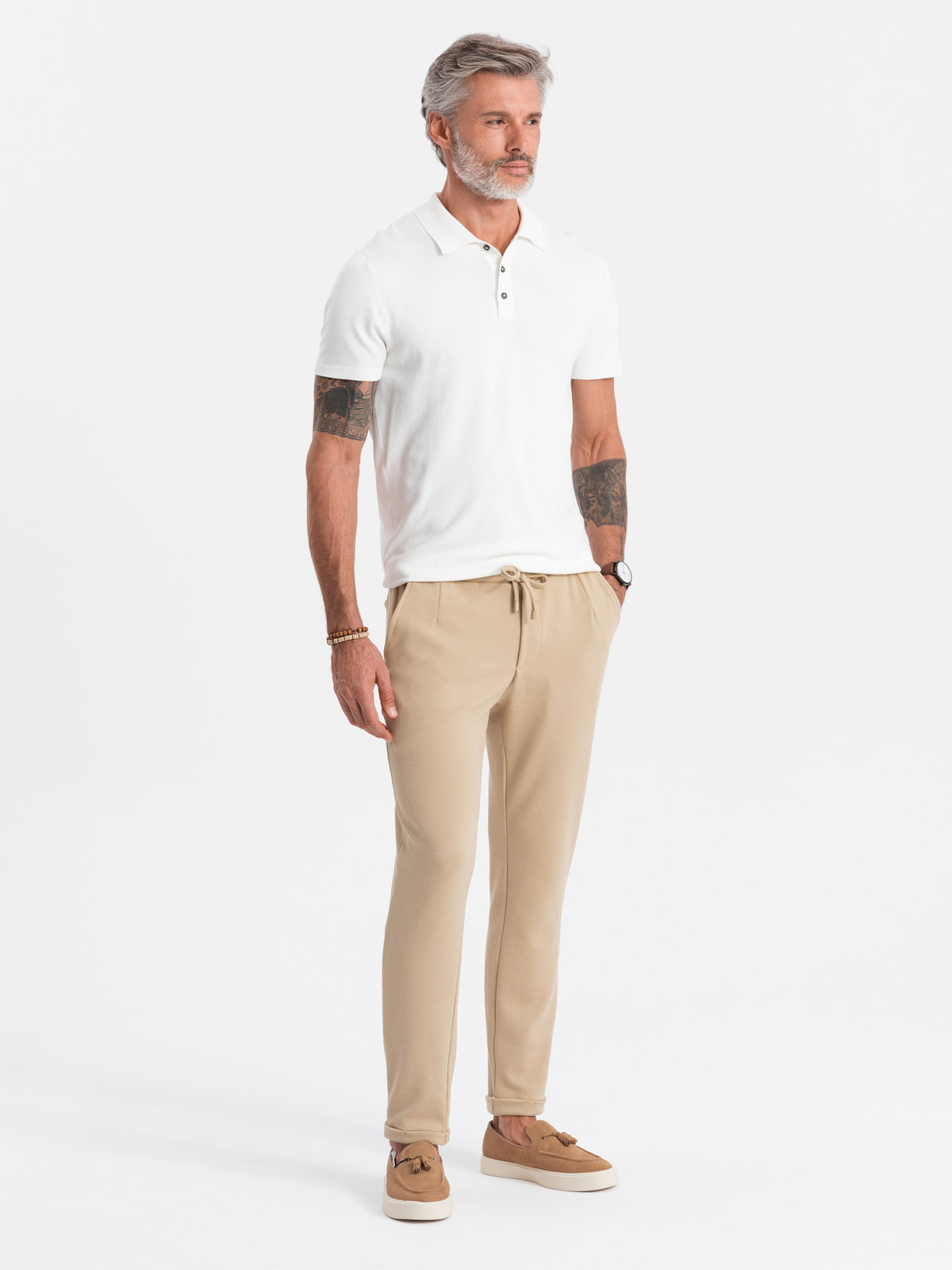 Men's knit pants with elastic waistband - sand V3 OM-PACP-0121 | MODONE ...