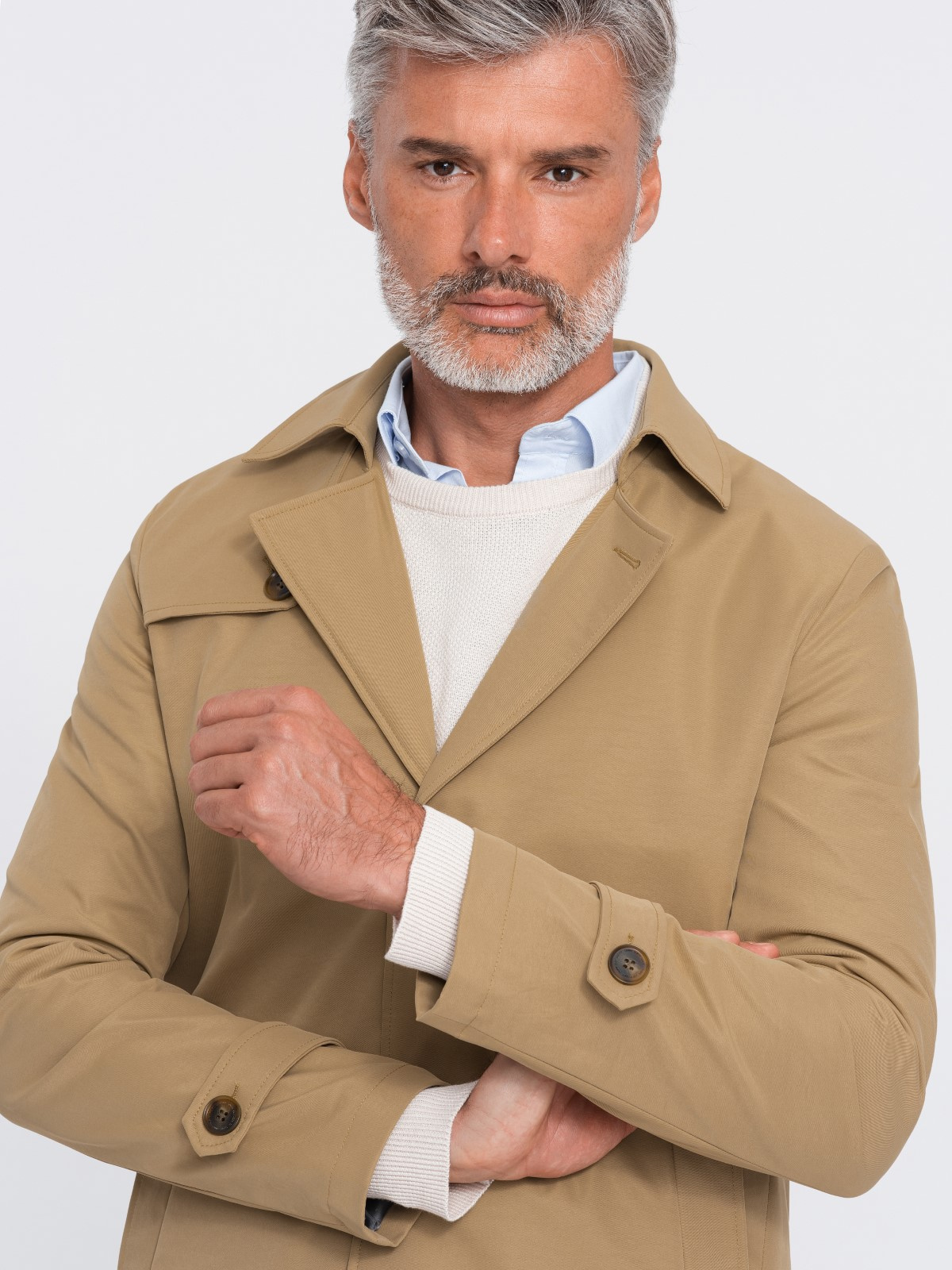 Men's short trench with classic cut - light brown V2 OM-COSC-0101 ...