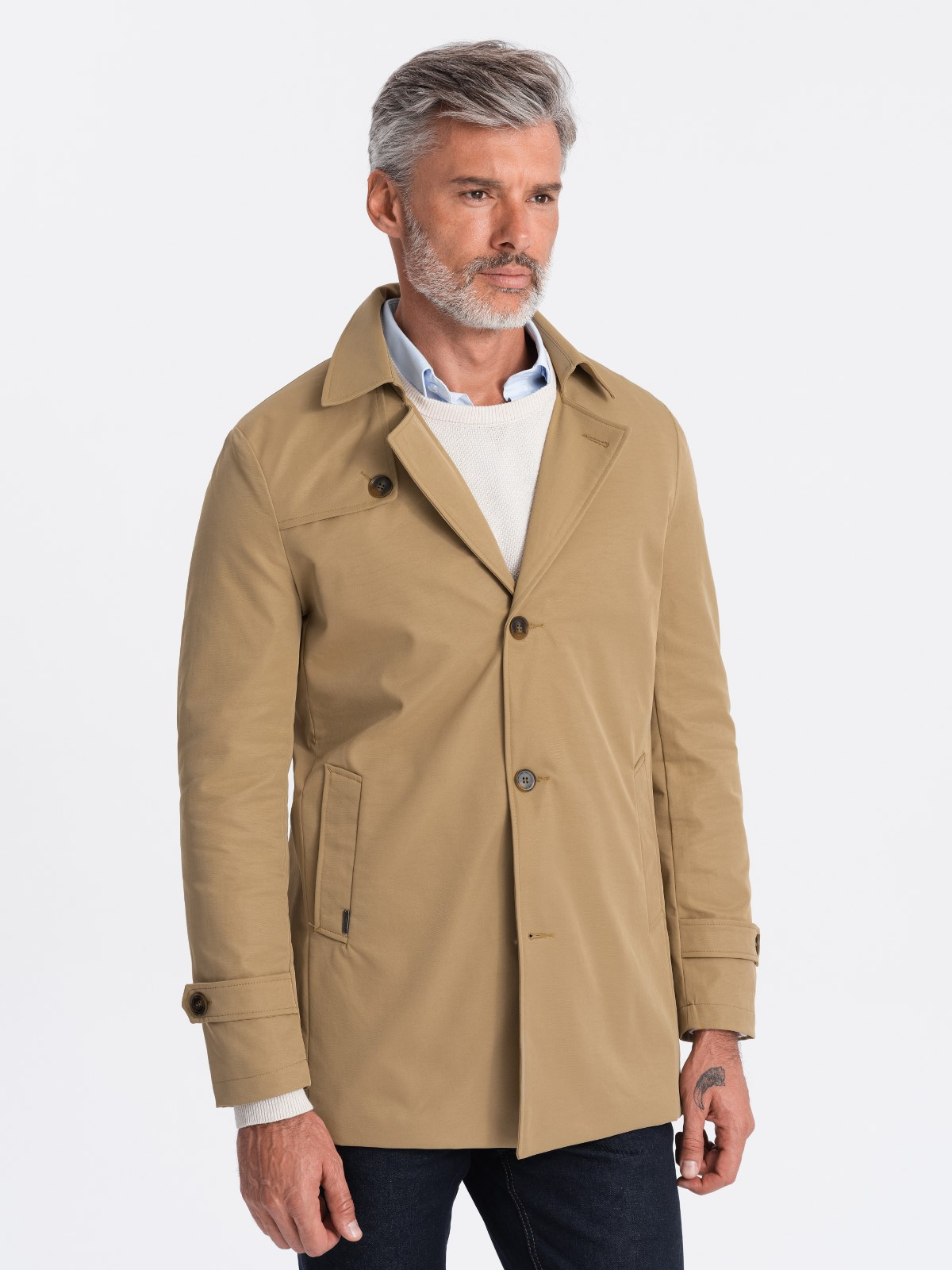 Men's short trench with classic cut - light brown V2 OM-COSC-0101 ...