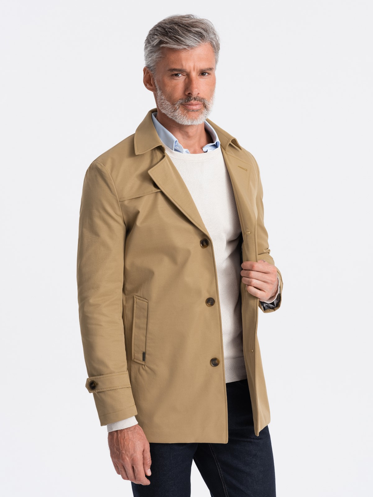 Men's short trench with classic cut - light brown V2 OM-COSC-0101 ...