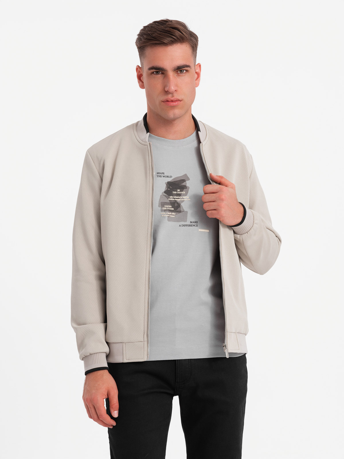 Men's structured fabric bomber jacket - beige V1 OM-JANP-0142 | MODONE ...