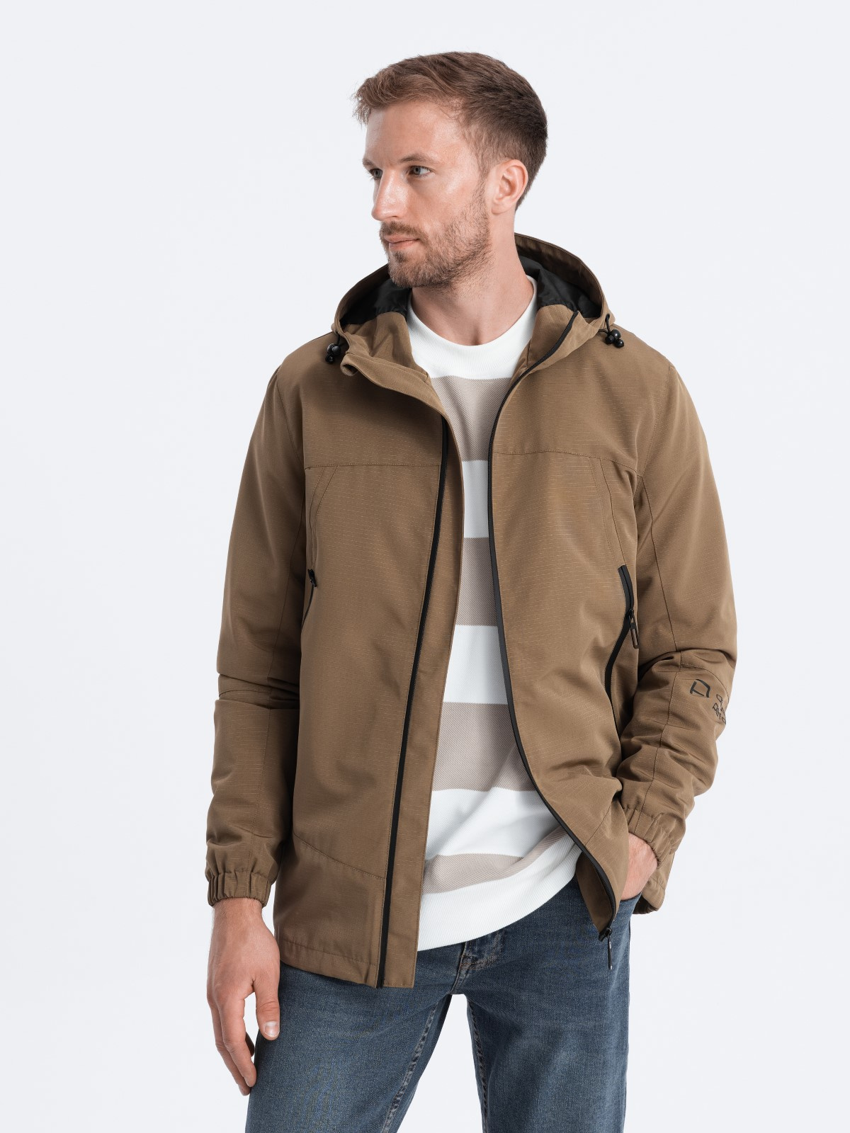 Men's transitional jacket with hood - brown V2 OM-JANP-22FW-005 ...