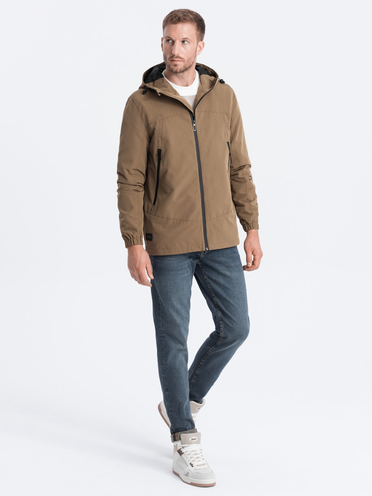 Men's transitional jacket with hood - brown V2 OM-JANP-22FW-005 ...
