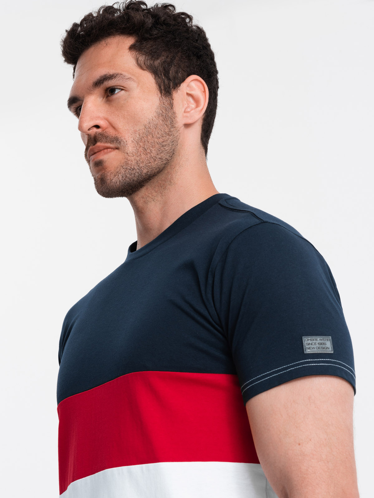 Men's tricolor T-shirt with wide stripes - navy blue and white V1 OM ...