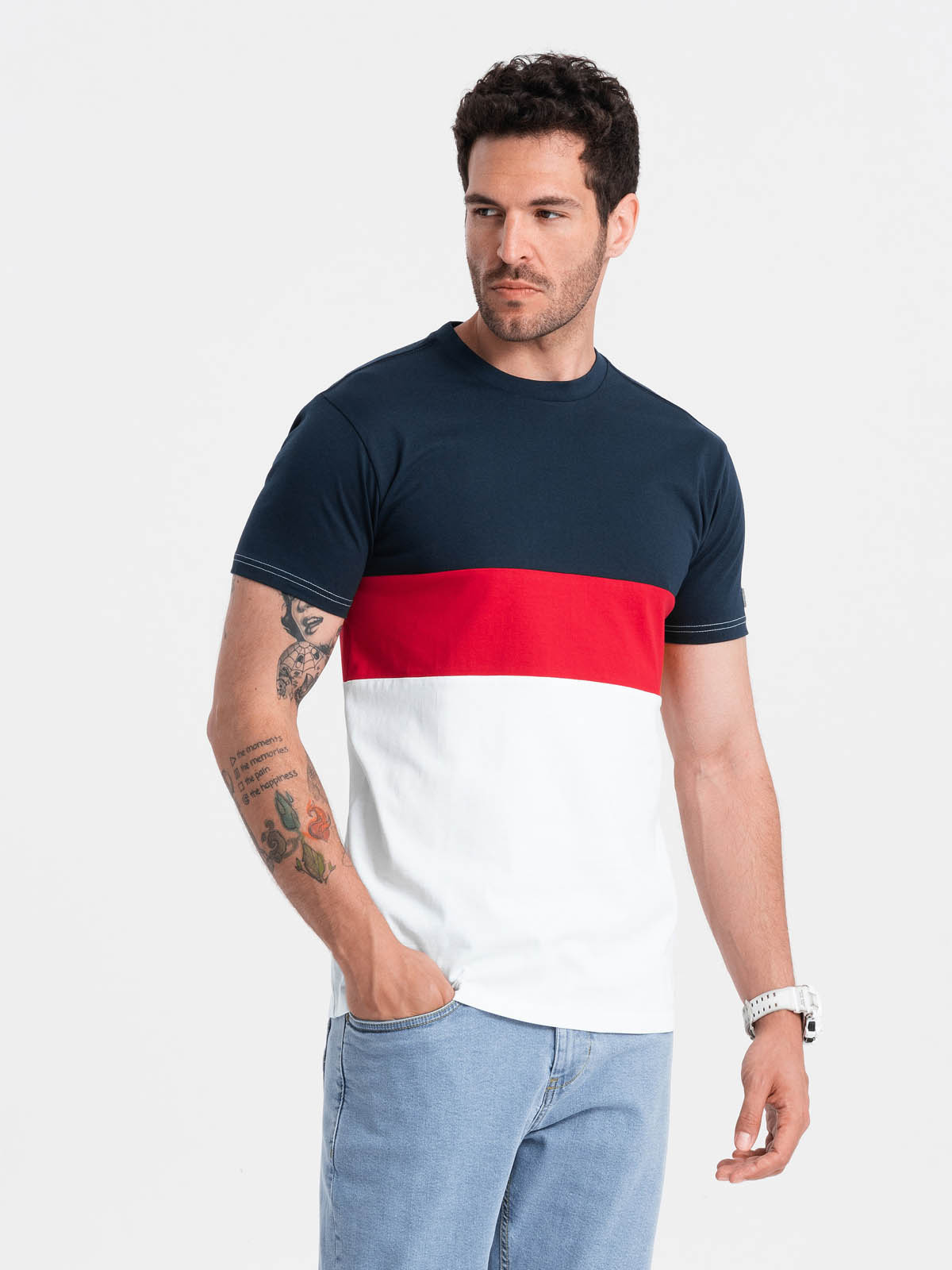 Men's tricolor T-shirt with wide stripes - navy blue and white V1 OM ...
