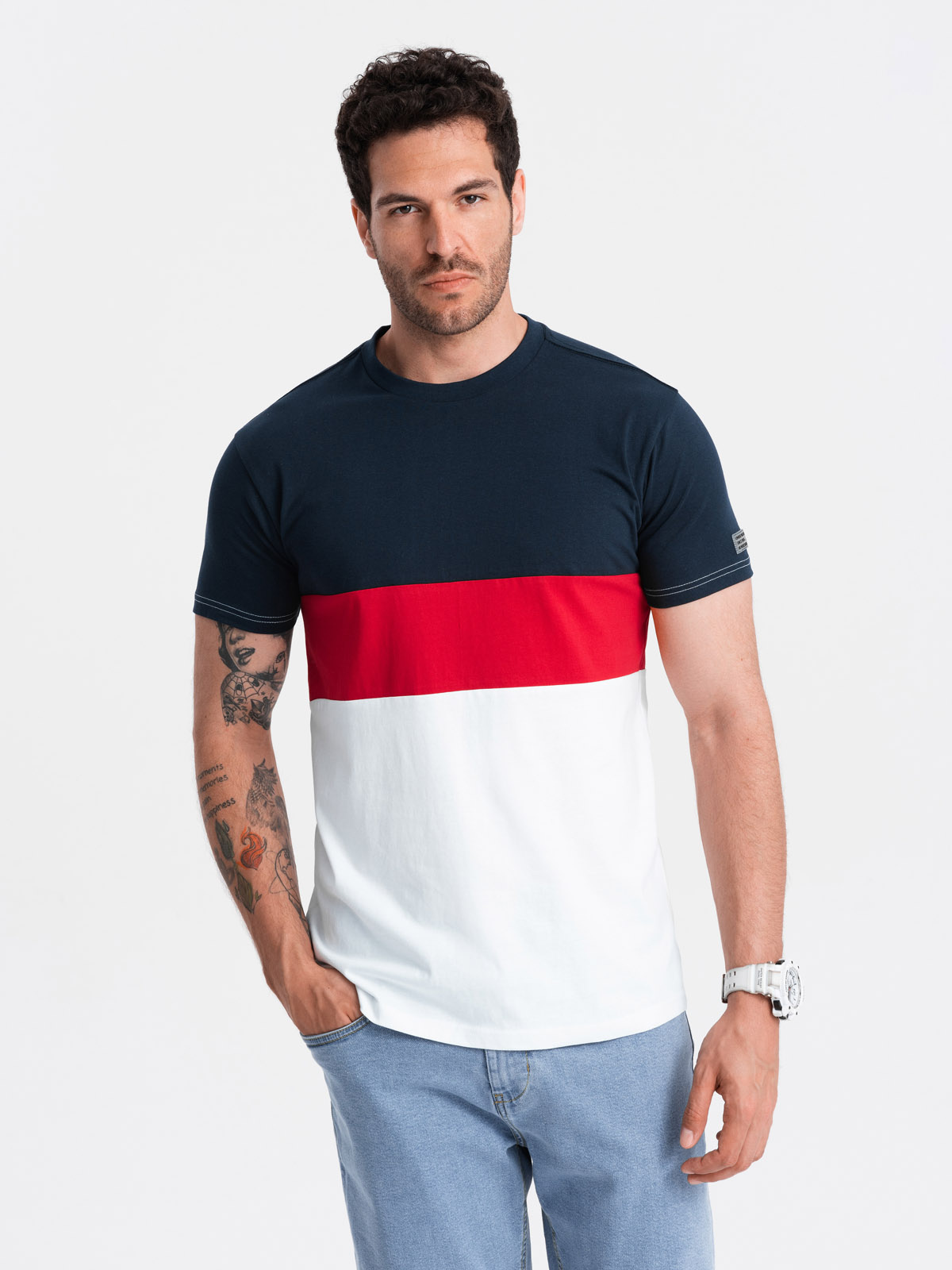 Men's tricolor T-shirt with wide stripes - navy blue and white V1 OM ...