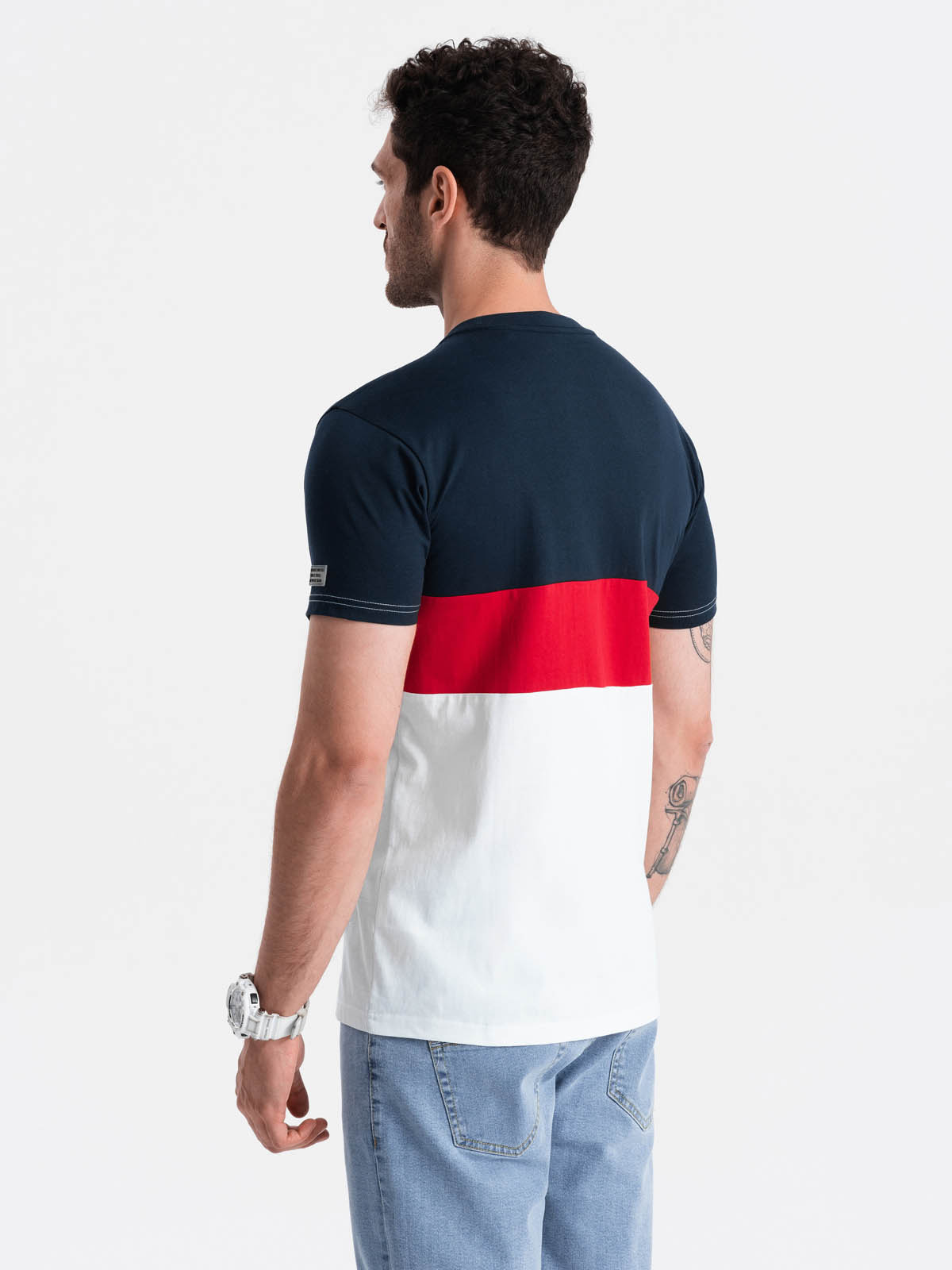 Men's tricolor T-shirt with wide stripes - navy blue and white V1 OM ...
