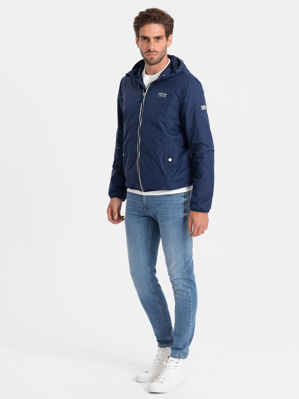 Men's windbreaker jacket with hood and contrasting details - navy blue ...